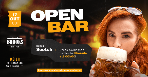 OPEN BAR - BROOKS PUB MÉIER | QUINTA - 17/10 em Rio de Janeiro